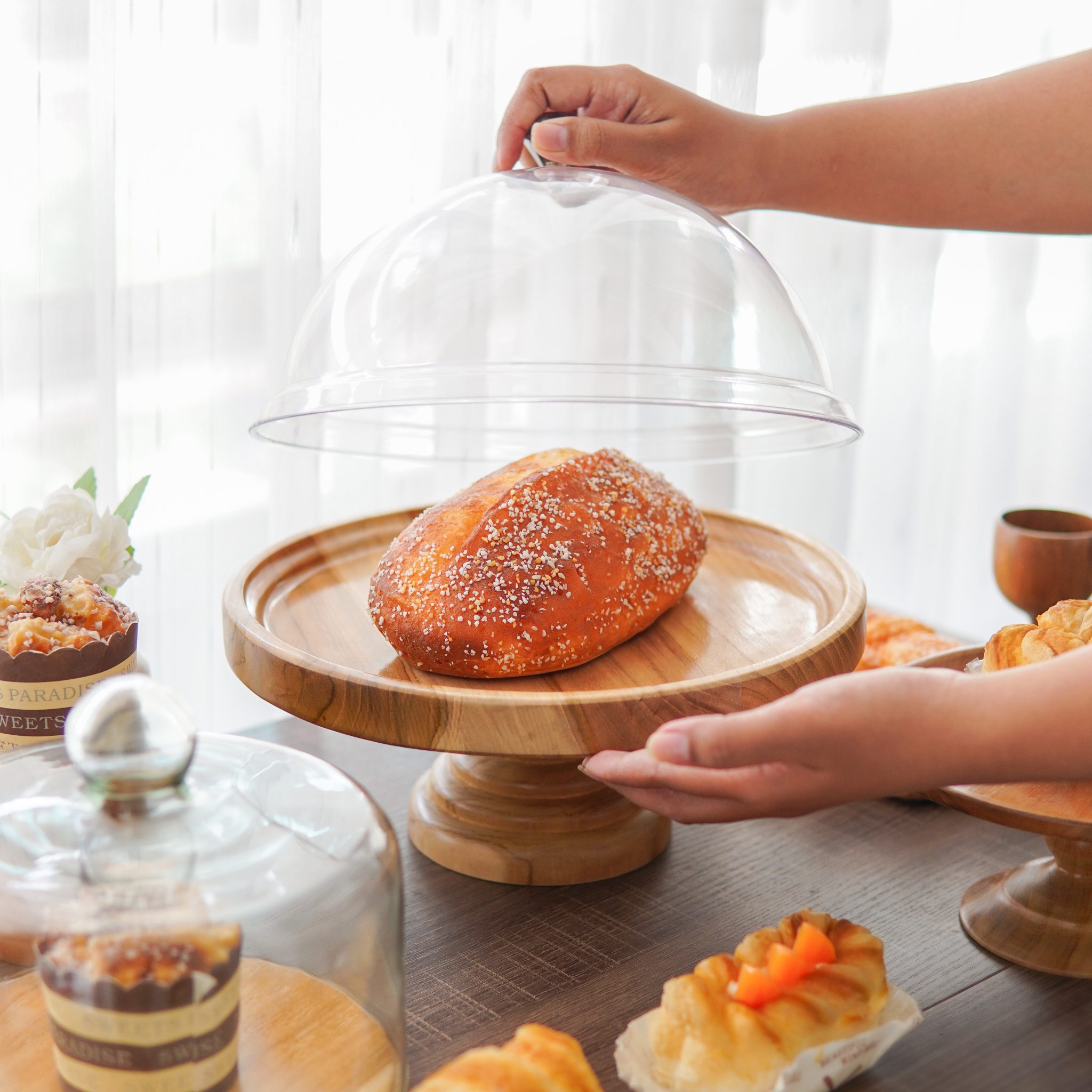 Cake Stand Kayu Jati + Acrilic / Piring Saji Kue/ Cake Stand - Dekayu